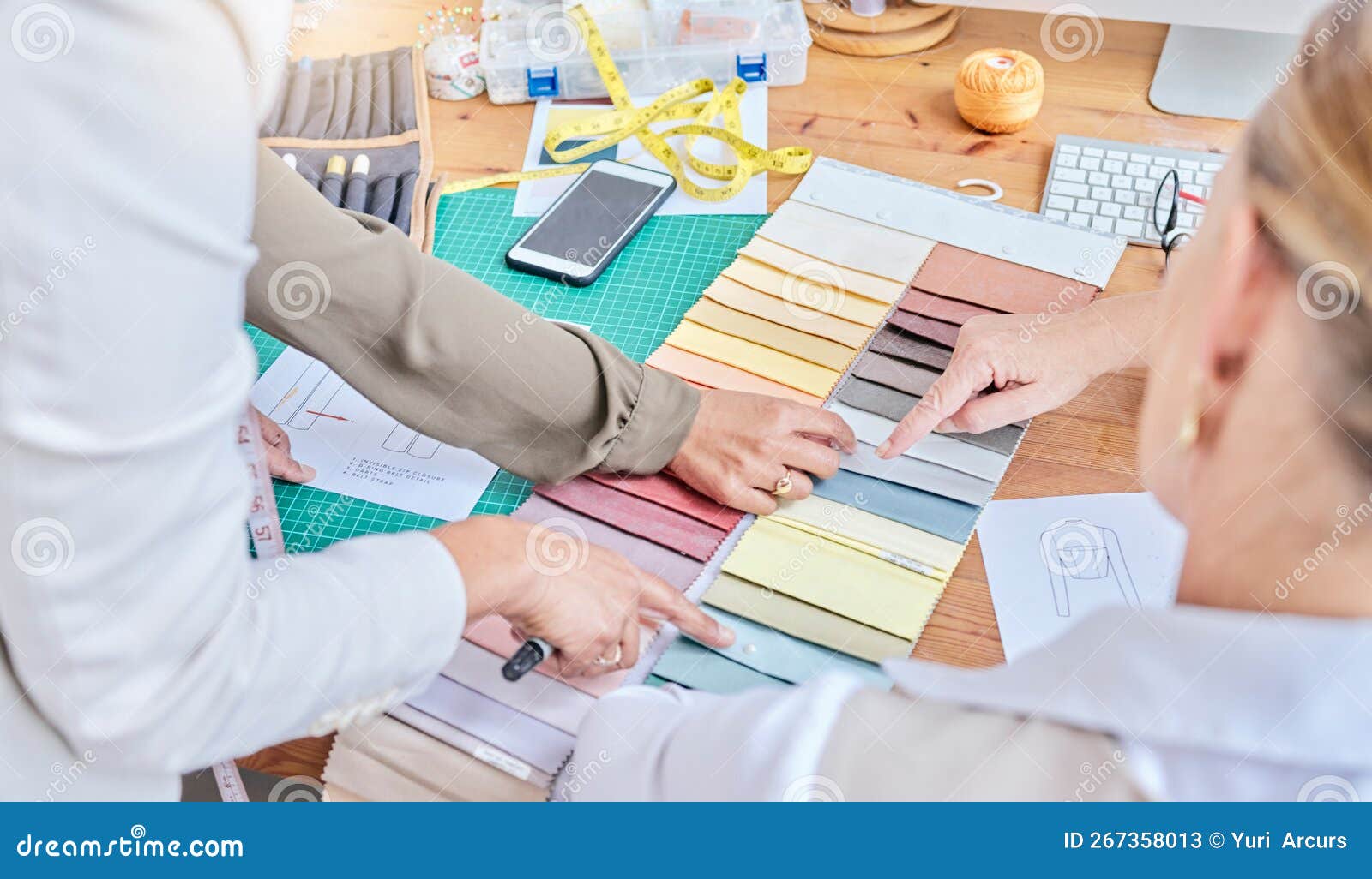 Teamwork, Fabric and Planning Fashion Hands in Creative Project ...