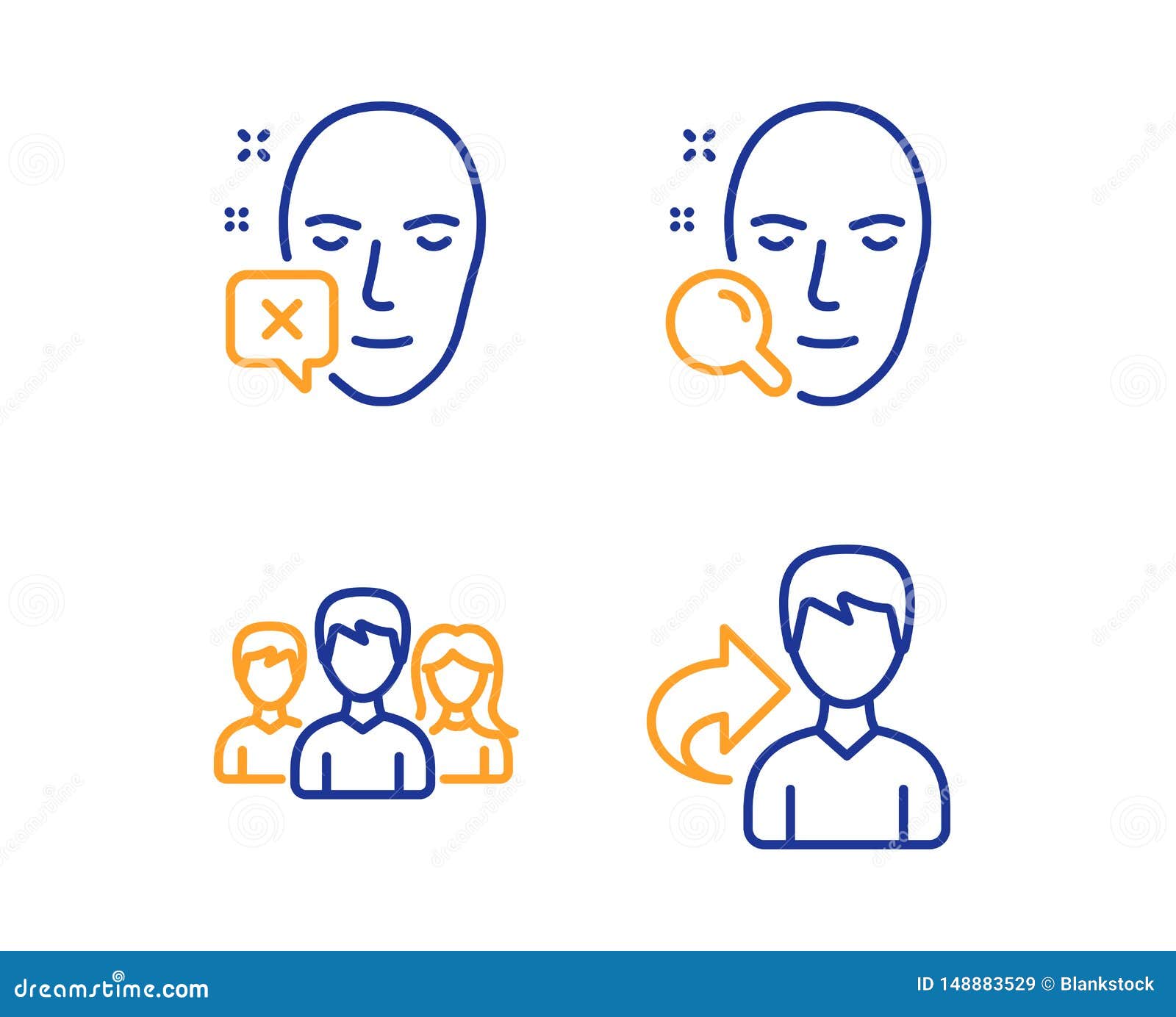 Teamwork, Face Search and Face Declined Icons Set. Share Sign. Group of ...