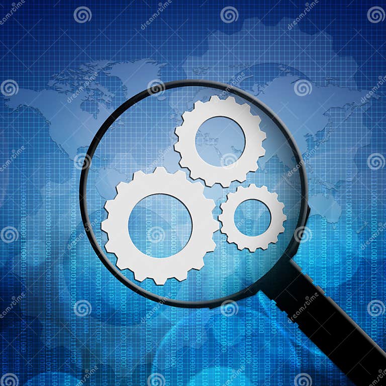 Gear Icon in Magnifying Glass Stock Illustration - Illustration of ...