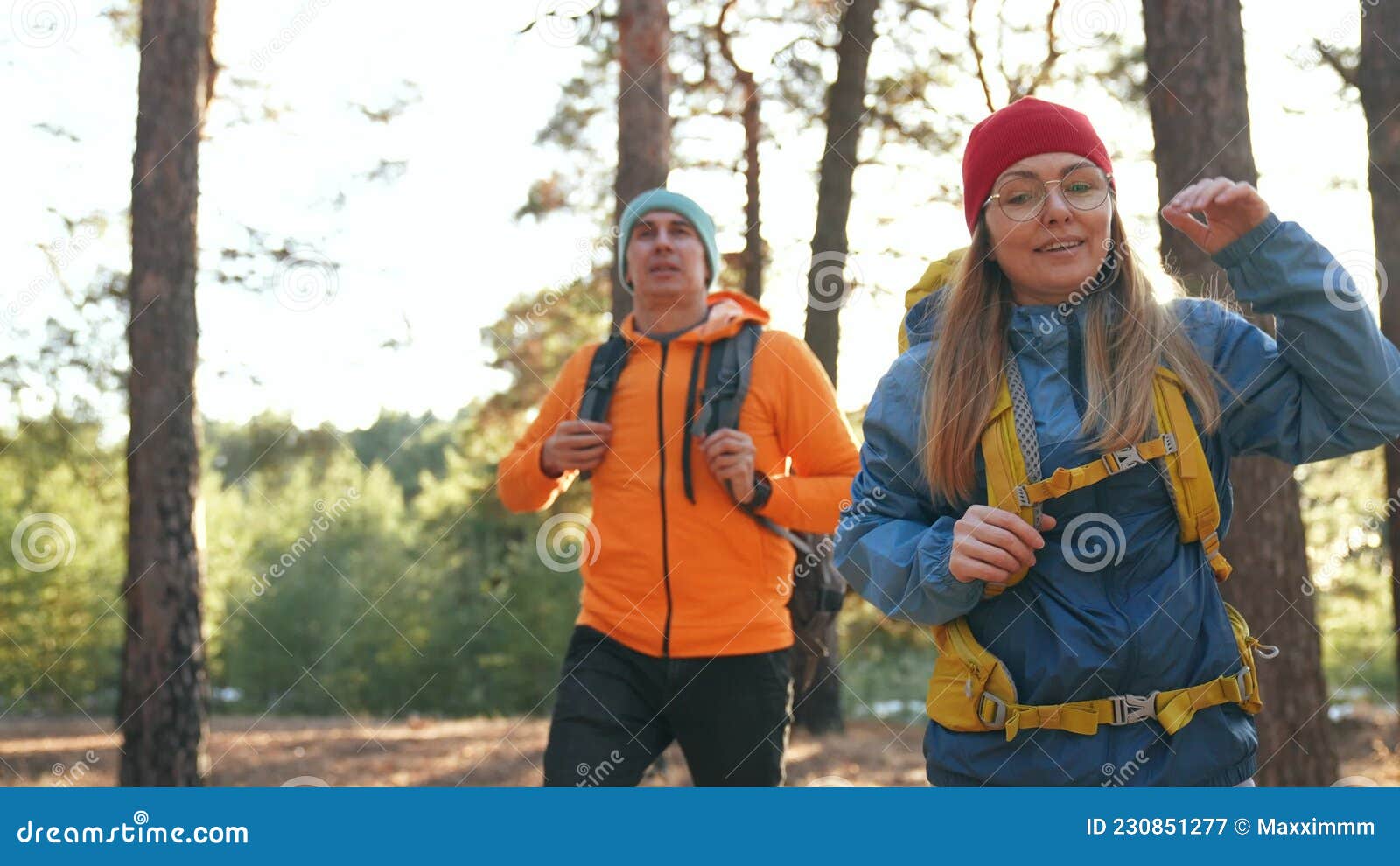 Teamwork. a Group of Hikers Tourists Walk through the Forest Unity with ...