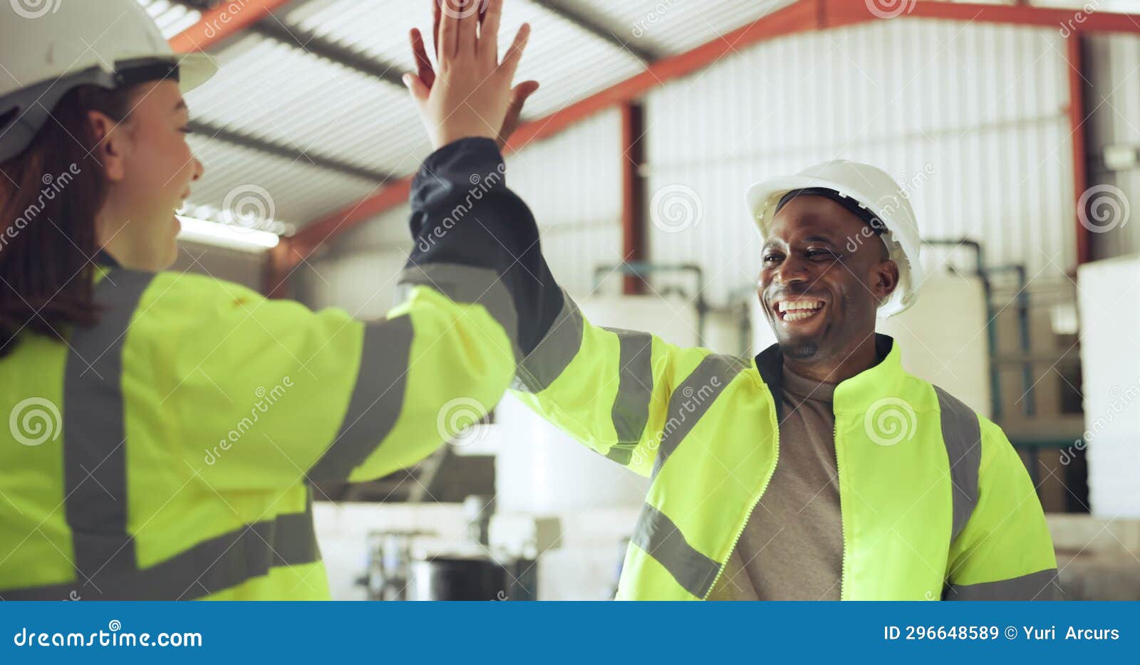 Teamwork, High Five and Construction Worker People in a Warehouse for ...