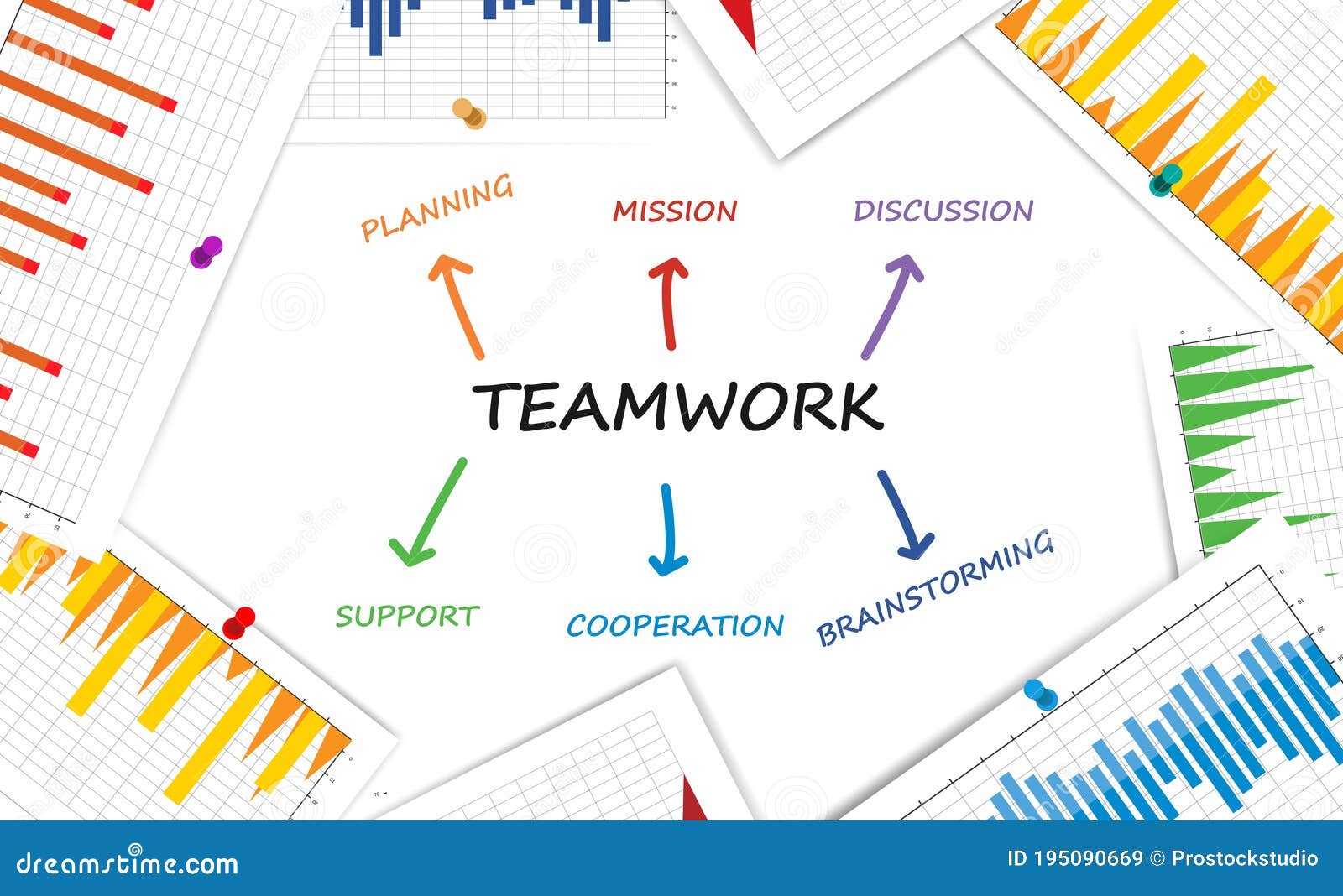 Teamwork Illustration with Words and Statistics Graphs Over White ...