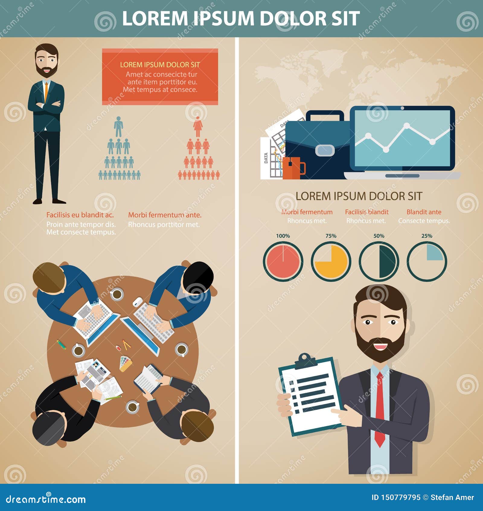 Teamwork Infographic Set with Business Avatars and World Map Vector ...