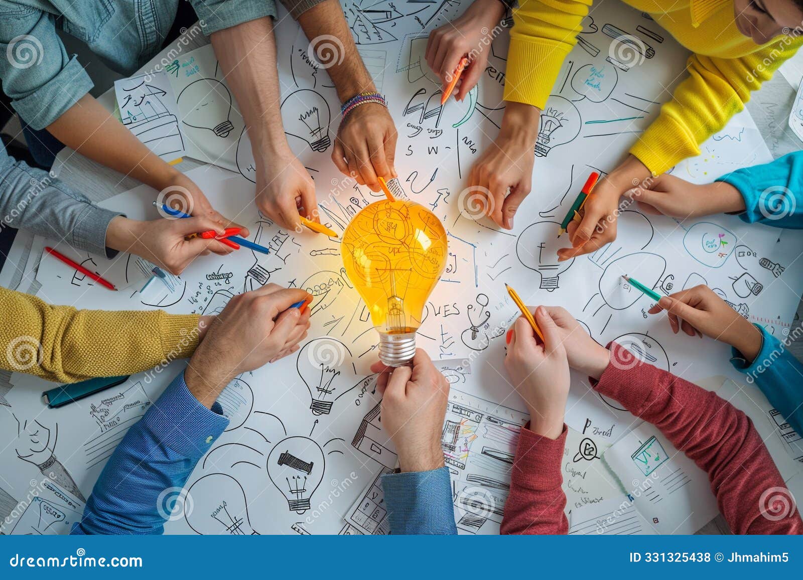 Teamwork and Innovation a Group of People Surrounding a Bright Light Bulb Symbolizing Creative ...