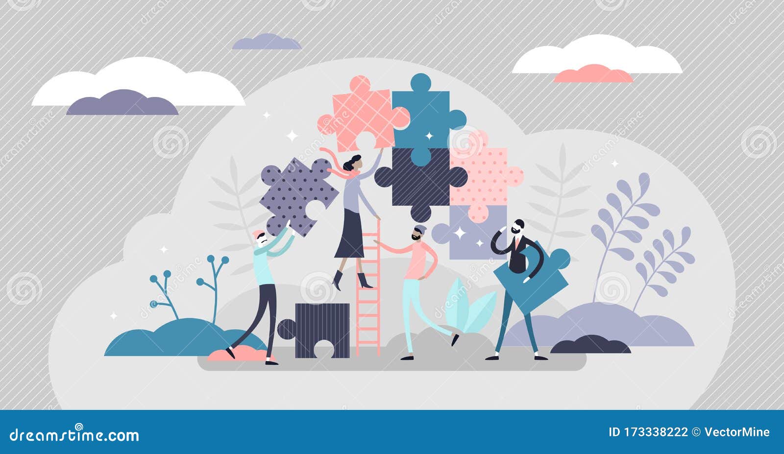 Teamwork Jigsaw Puzzle Concept, Flat Tiny Persons Vector Illustration ...