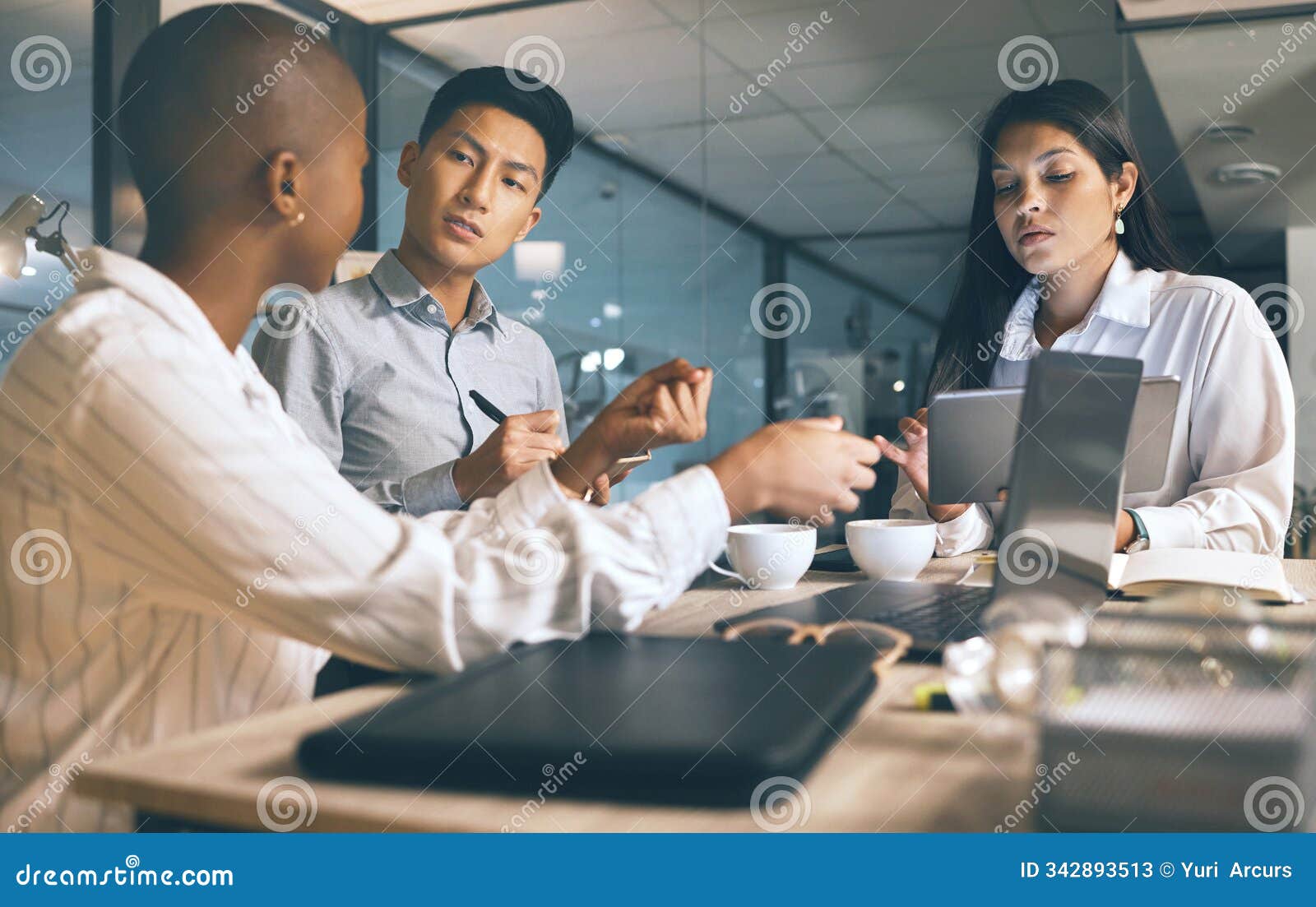 Teamwork, Laptop and Business People Planning at Night, Writing Notes ...