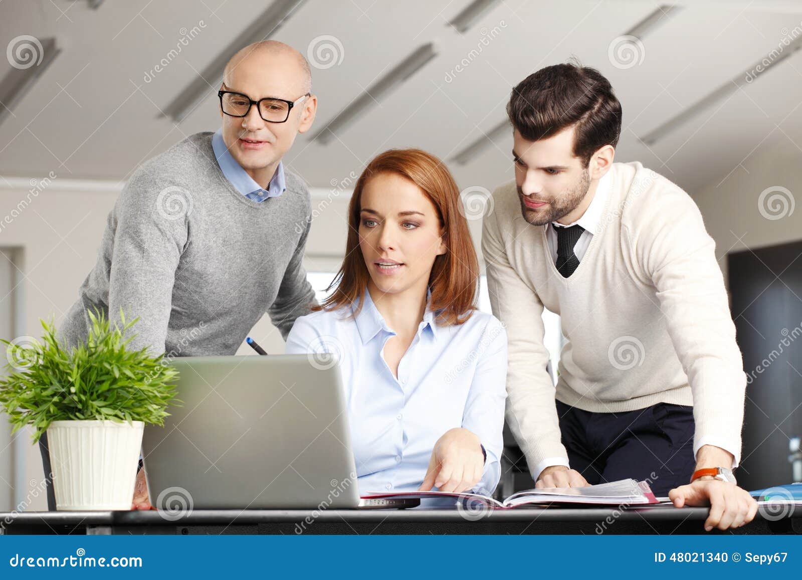 Teamwork with laptop stock photo. Image of plan, group - 48021340