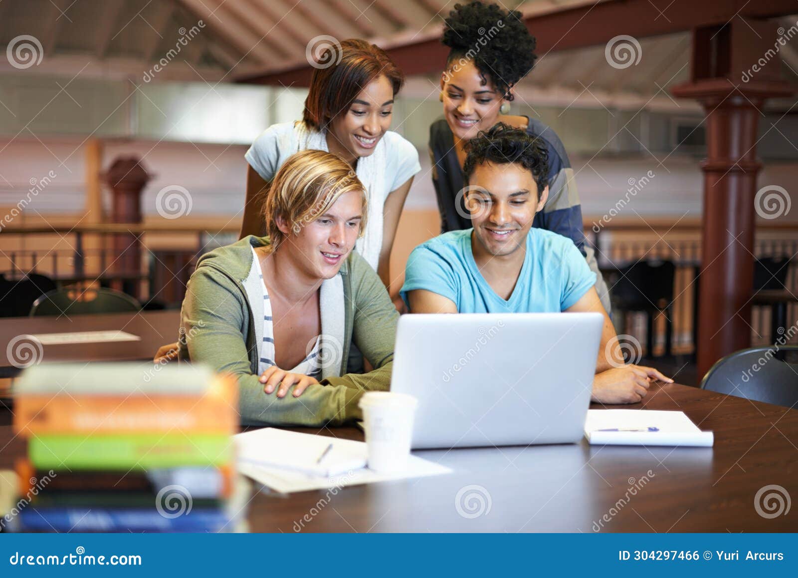 Teamwork, Laptop or Happy People Studying in University, College or ...