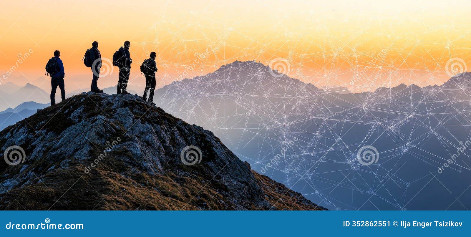 Teamwork, Leadership, and Technology Silhouetted Figures on Mountain ...