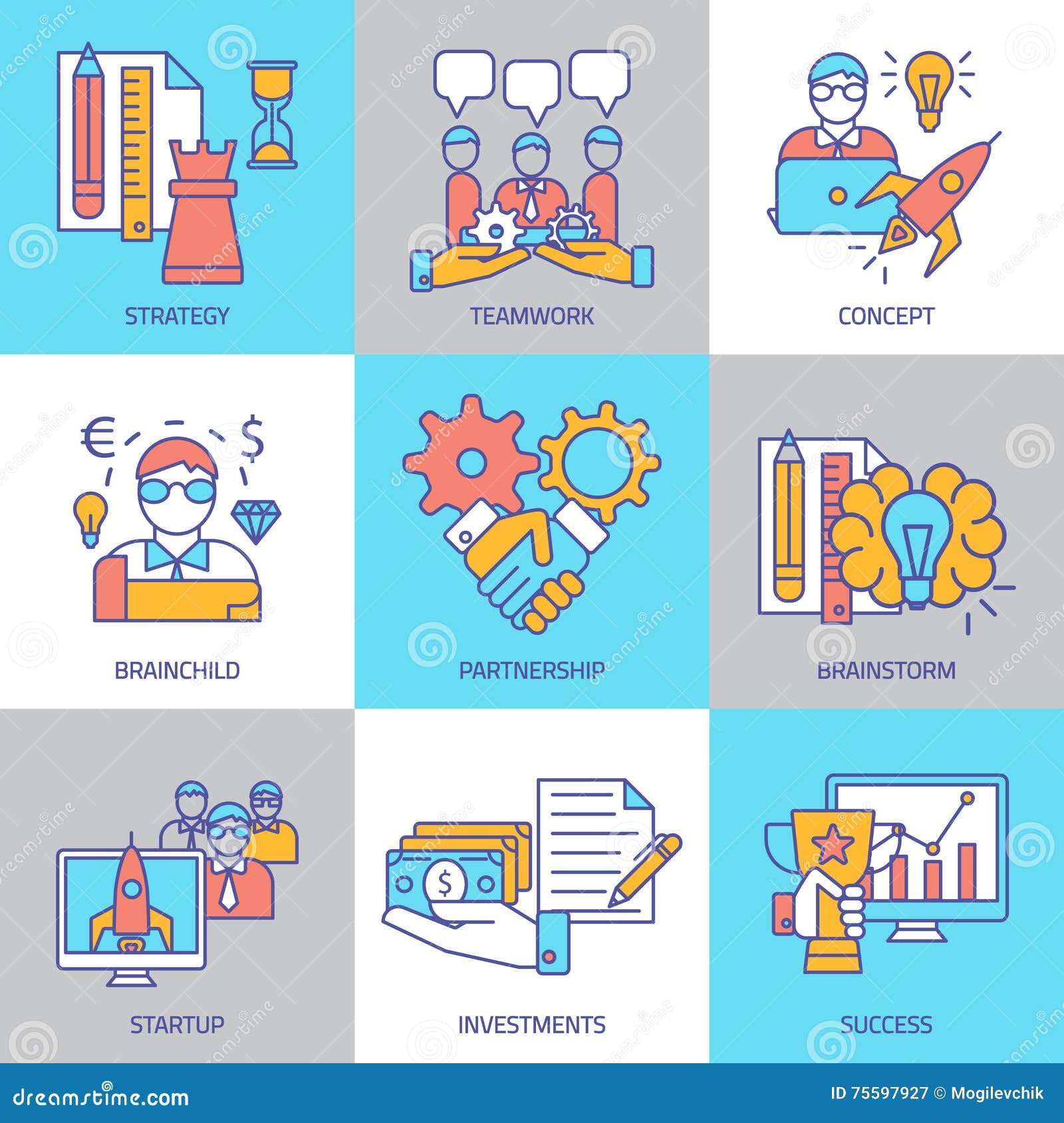 Teamwork Linear Colored Icons Cartoon Vector | CartoonDealer.com #75597927