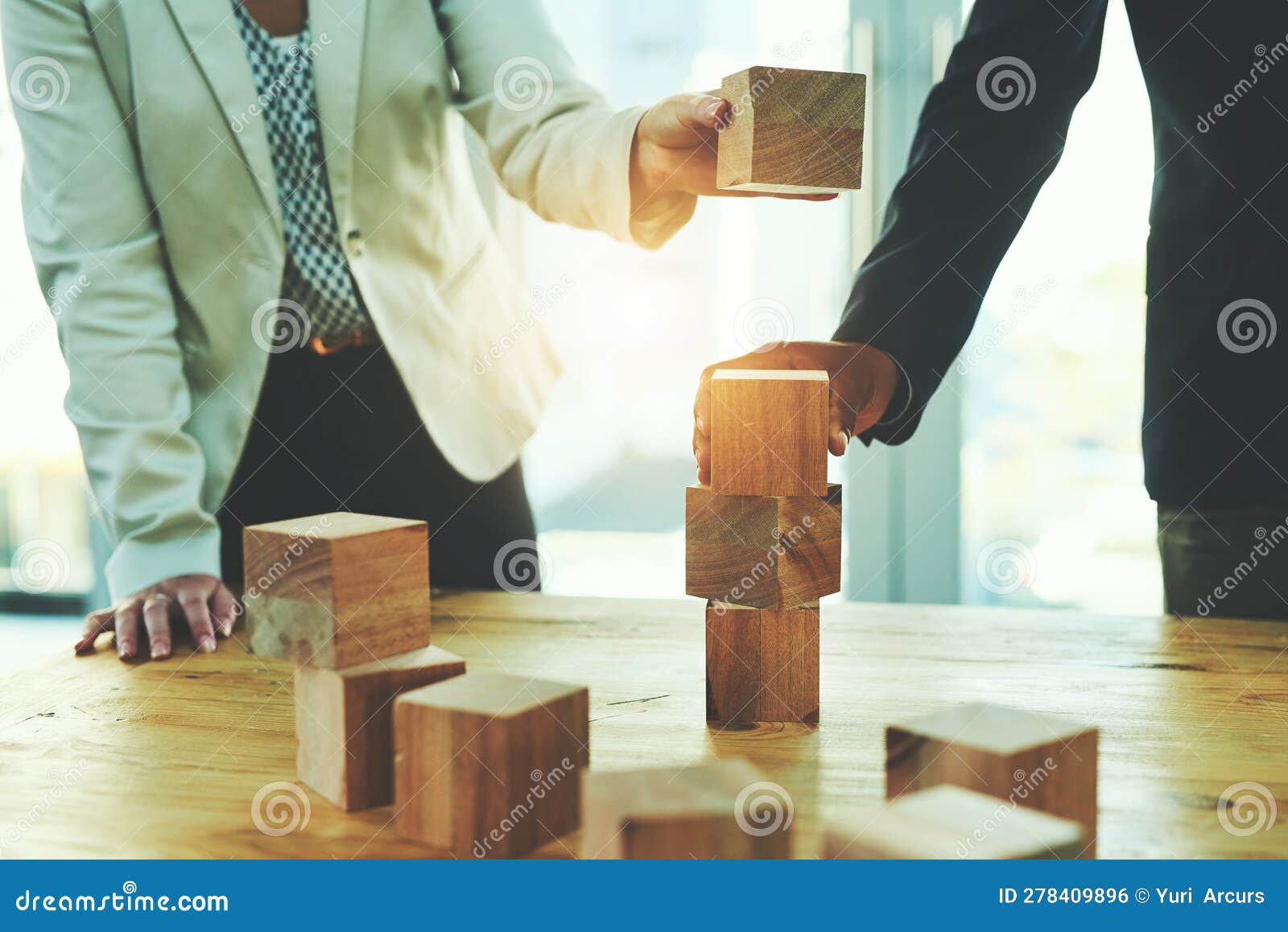 Teamwork, Man and Woman in Office with Building Blocks, Design Ideas ...