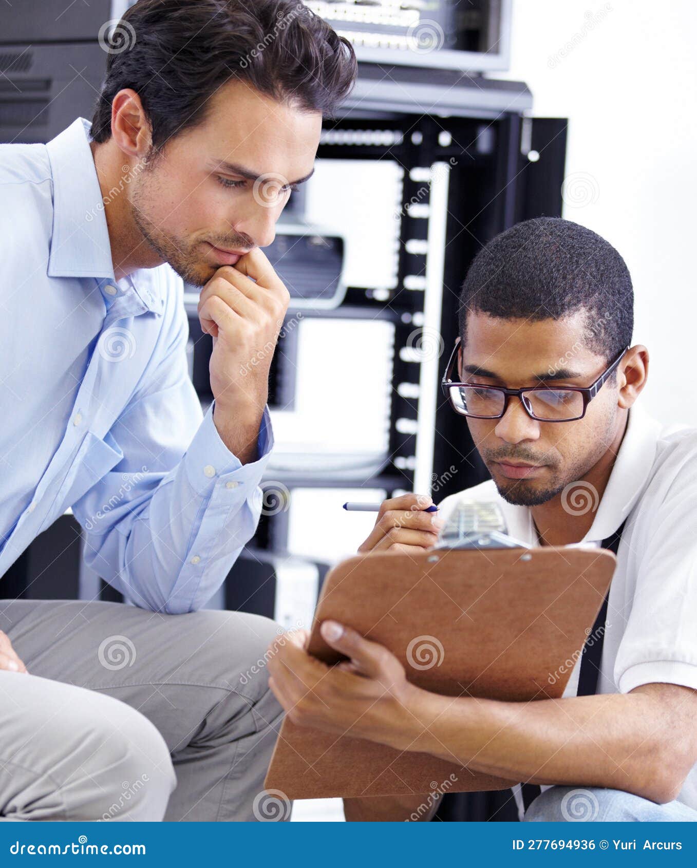 Teamwork, it and Men with Clipboard in Server Room for Maintenance ...