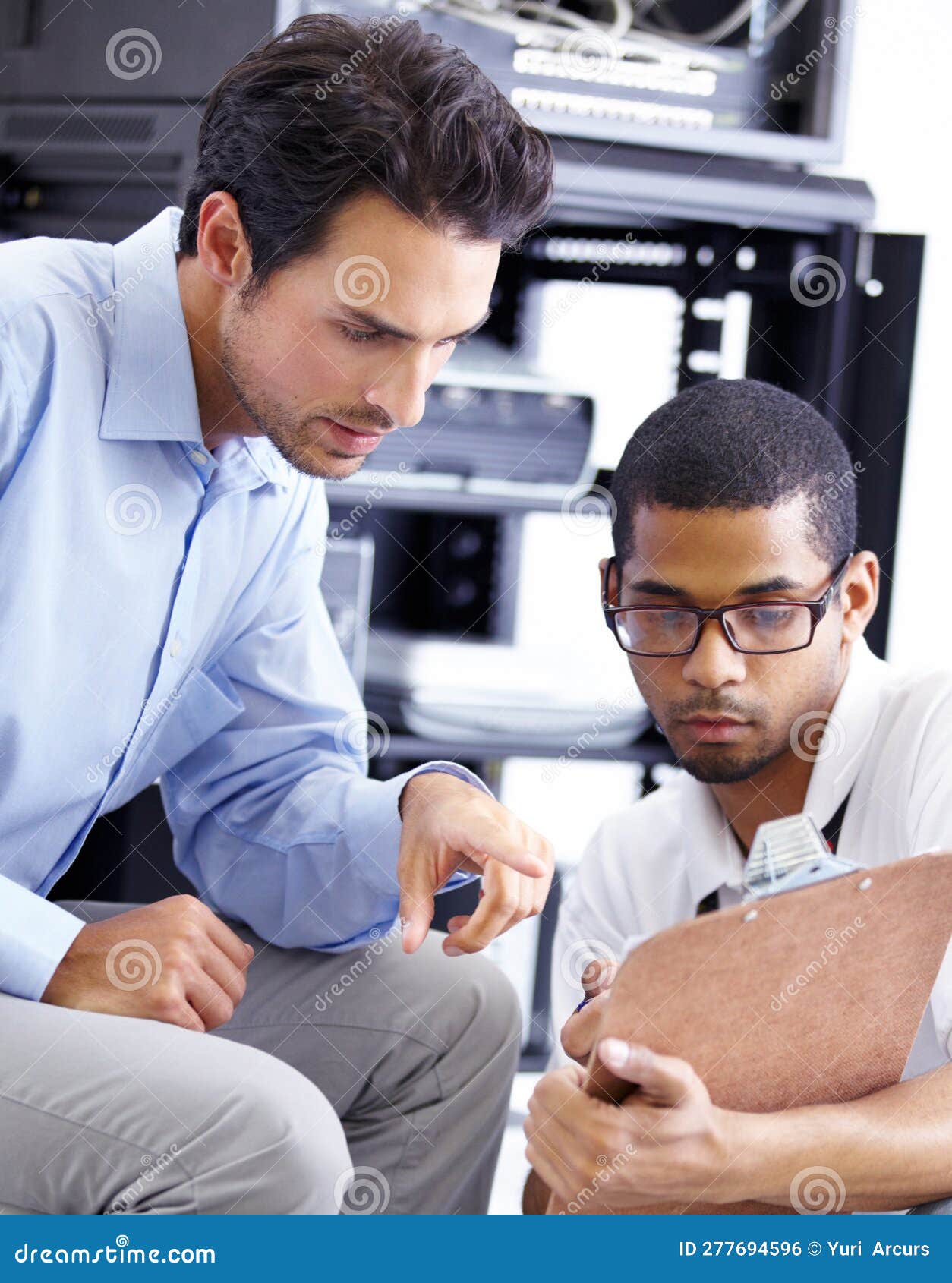 It, Teamwork and Men with Clipboard in Server Room for Maintenance ...