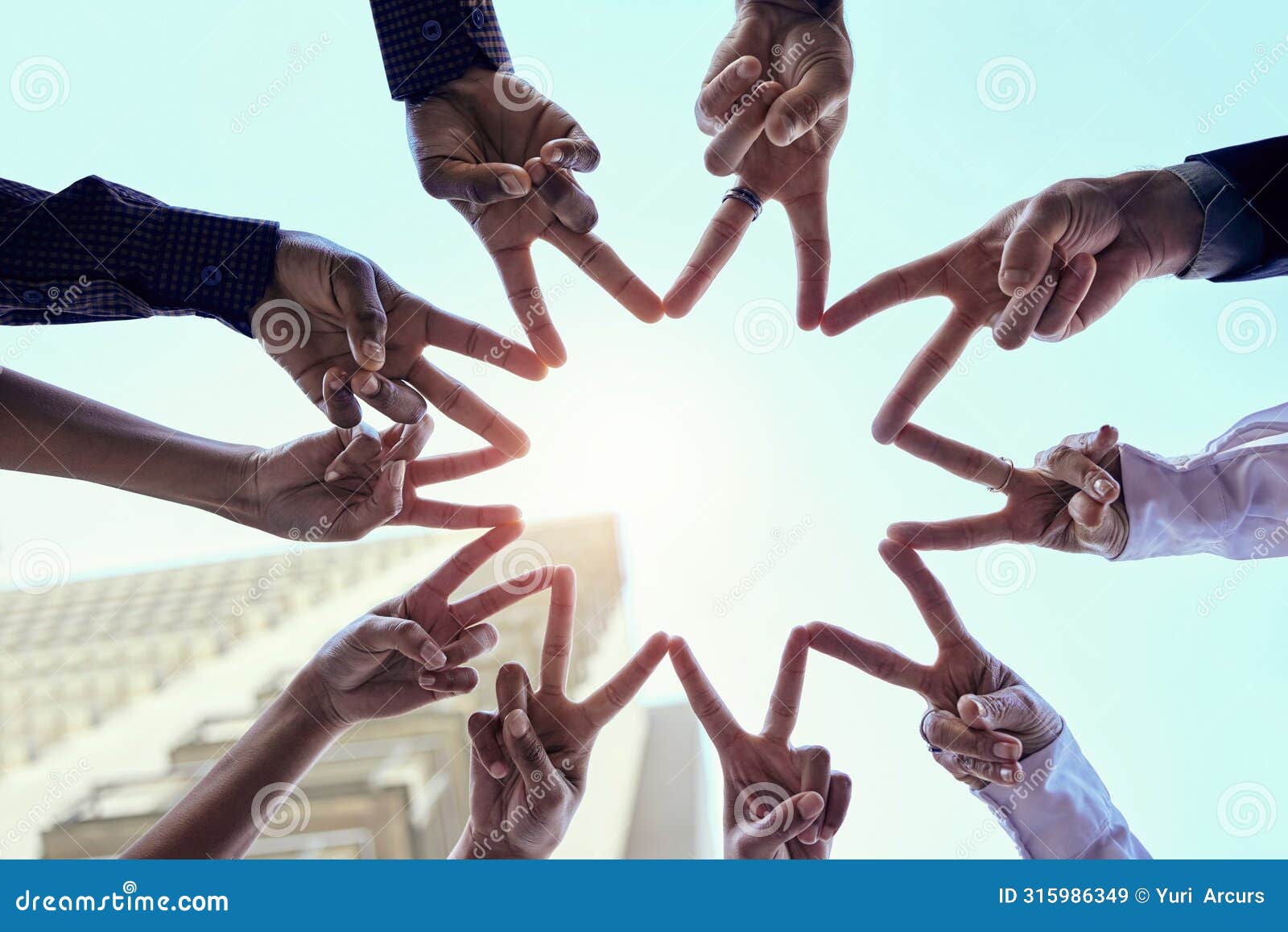 Teamwork, Peace Sign or Trust with Hands in Circle for Support ...