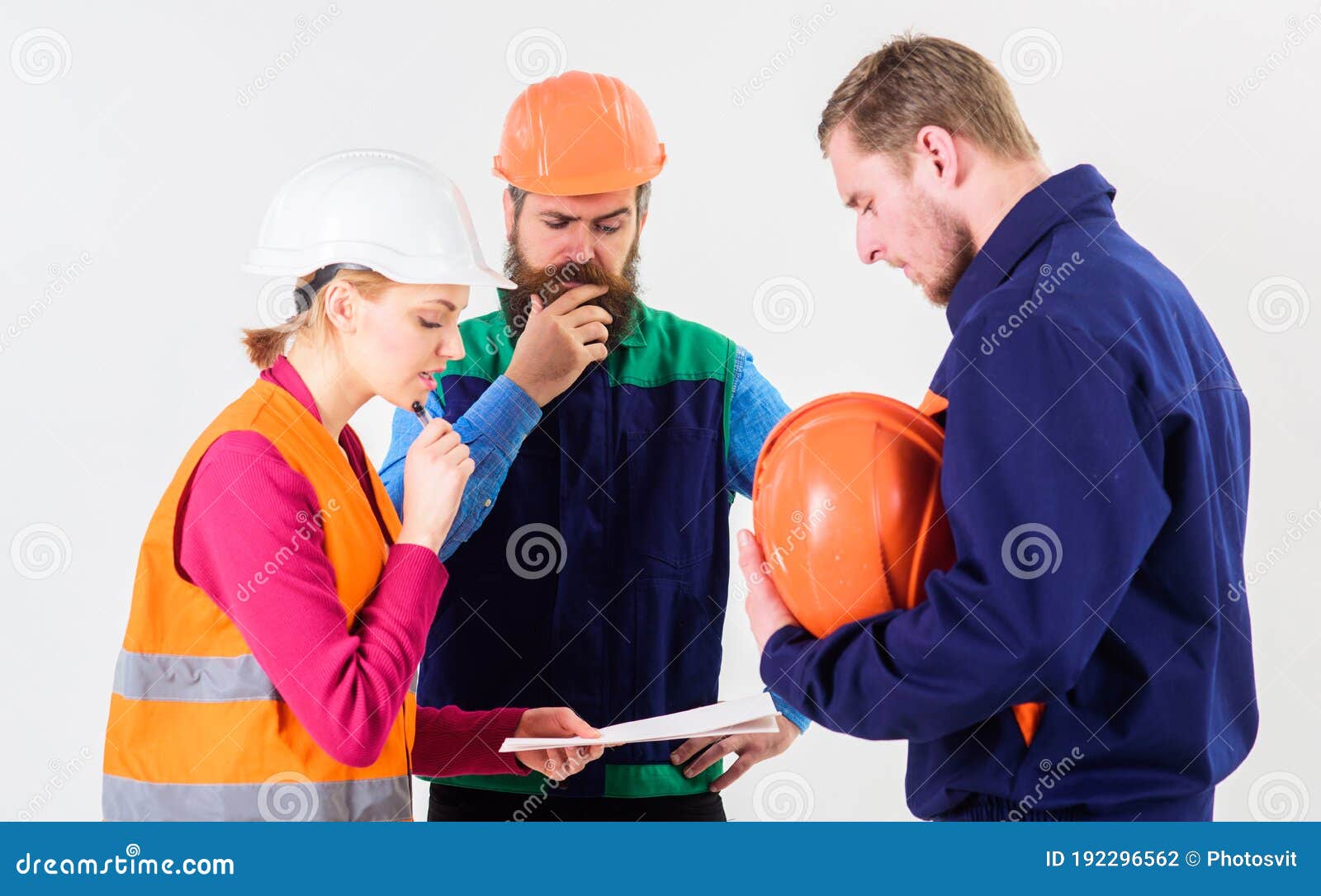 Teamwork Problems Concept. Builder and Engineer Thinking Stock Photo ...