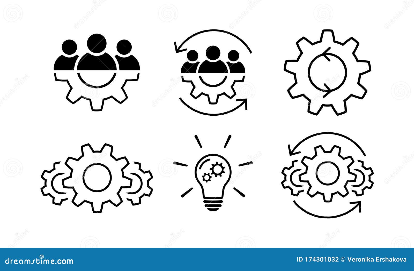 Teamwork and Process Line Icon Set in Flat. Stock Vector - Illustration ...
