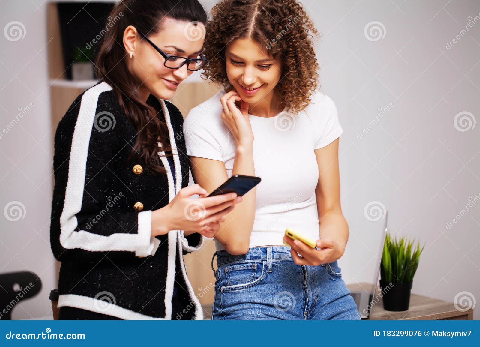 Teamwork Process. Two Women with Laptop in Work Together Stock Photo ...