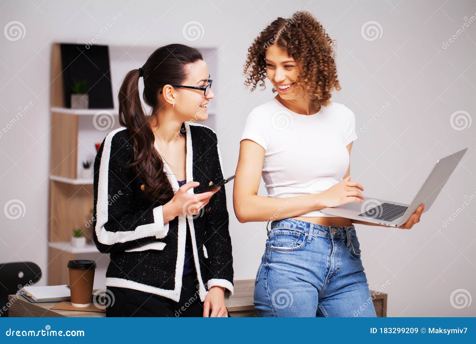 Teamwork Process. Two Women with Laptop in Work Together Stock Image ...