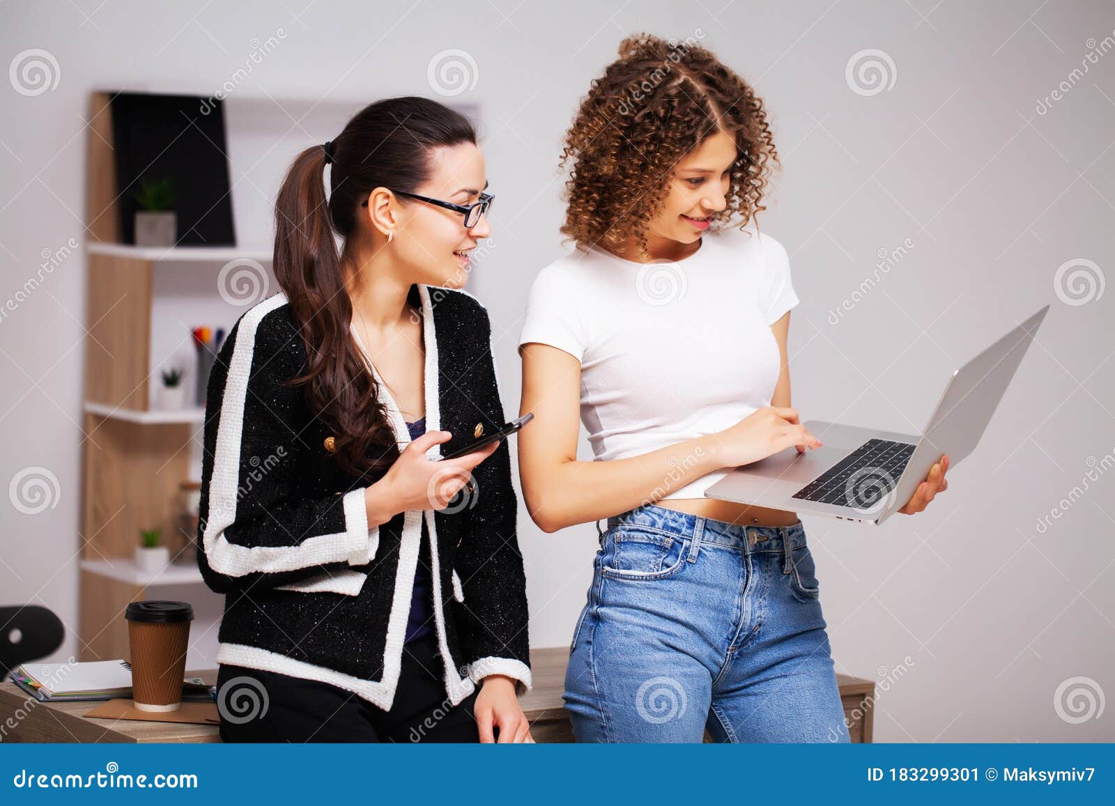 Teamwork Process. Two Women with Laptop in Work Together Stock Image ...