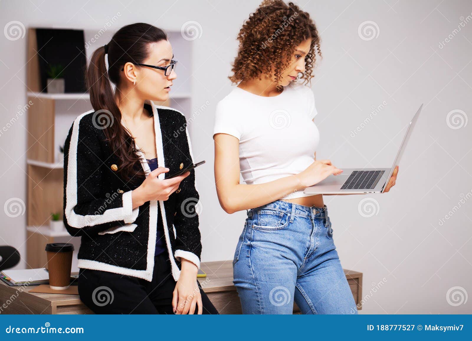 Teamwork Process, Two Women with Laptop in Work Together. Stock Image ...