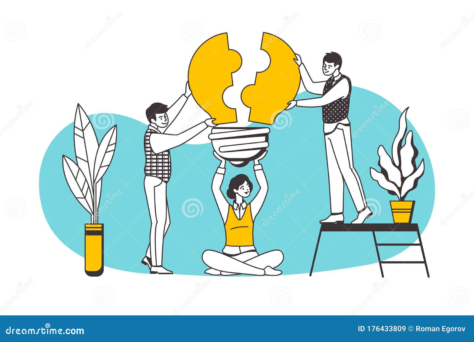 Teamwork Puzzle Concept. Cartoon People Characters Building Career ...