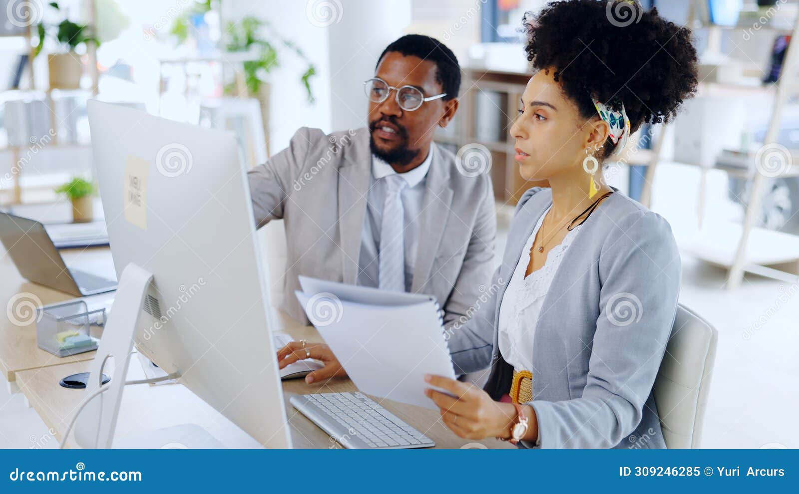 Teamwork, Reading and Business People by Document by Pc and Together ...