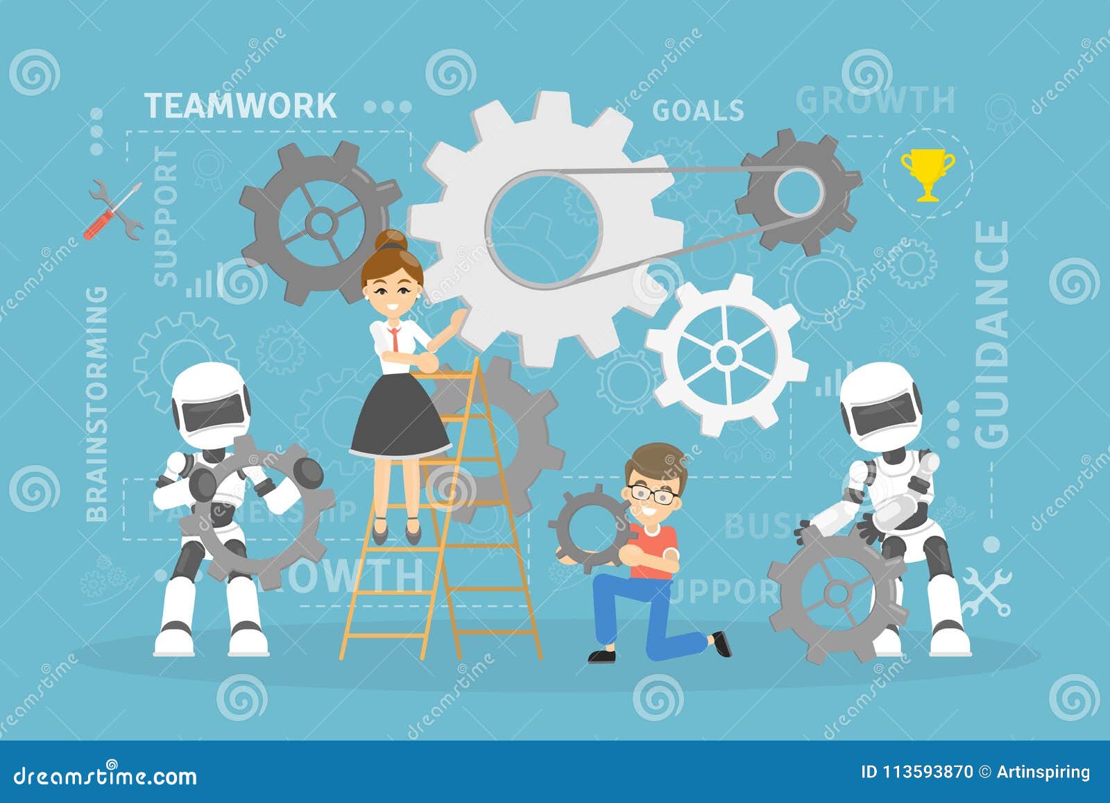 Teamwork with robots. stock vector. Illustration of company - 113593870