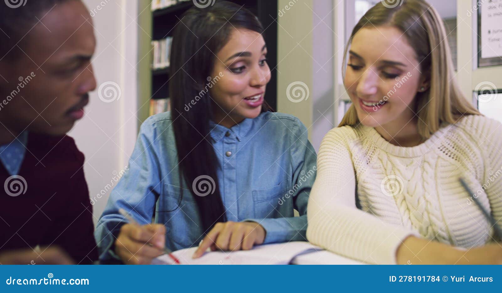 Teamwork, Study and College with Students in Library for Research ...