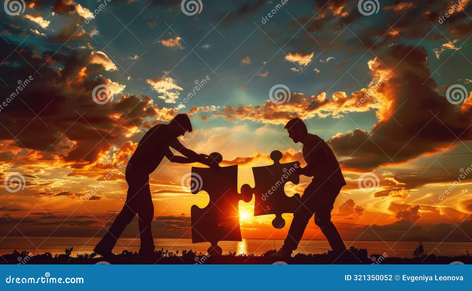 Teamwork at Sunset Connecting Puzzle Pieces Symbolizing Problem Solving ...