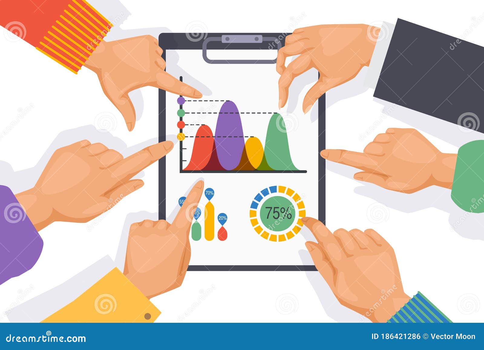 Teamwork Table Elements, Employee Hand on Graph Vector Illustration ...