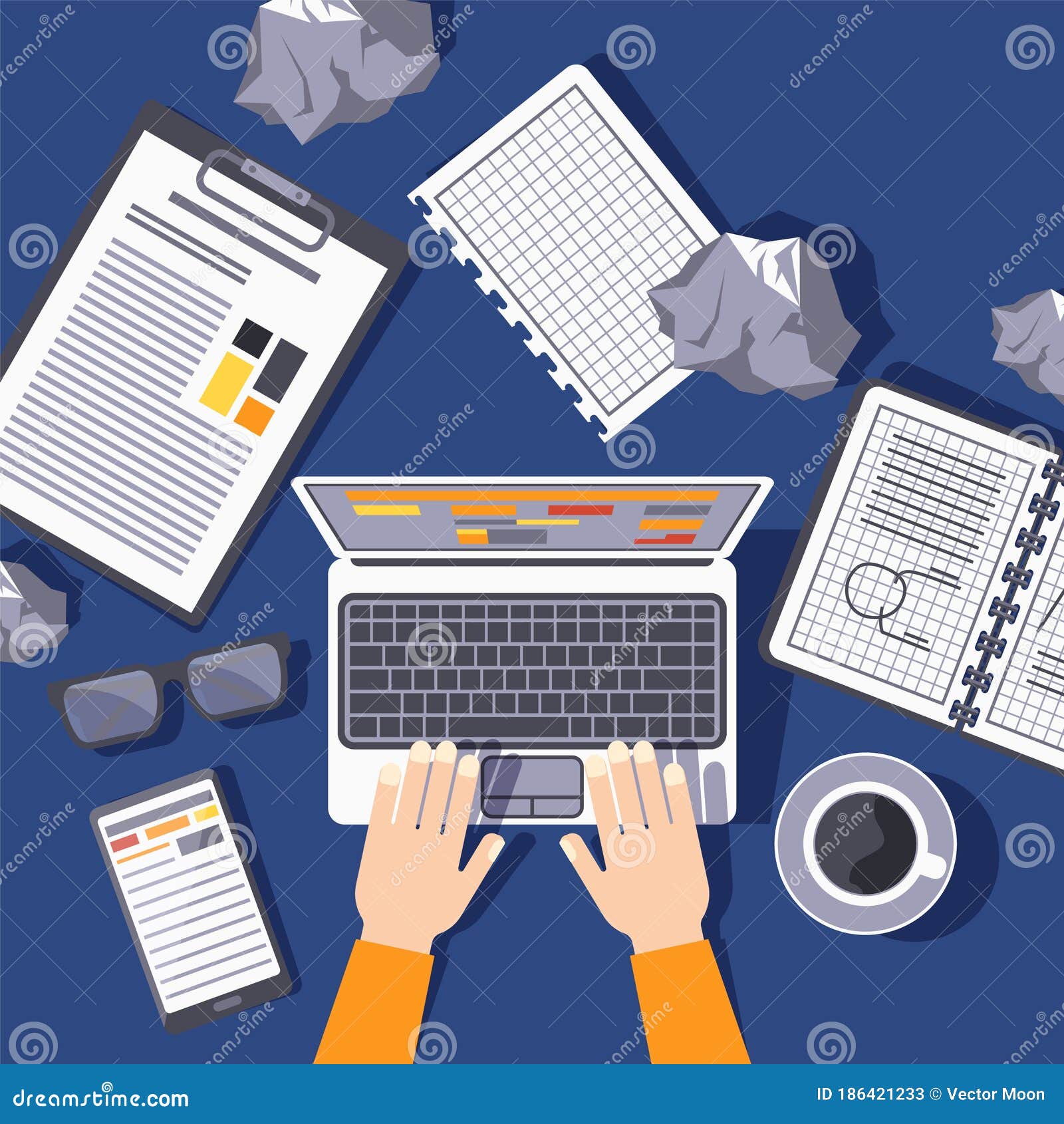 Teamwork Table Elements, Work at Laptop Vector Illustration. Creative ...