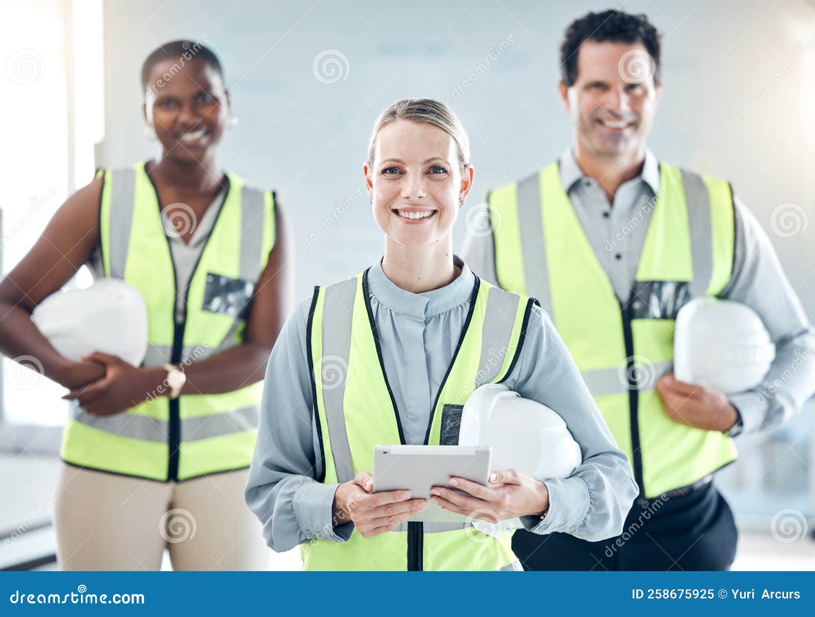 Teamwork, Tablet and Engineer People or Construction Worker Group ...