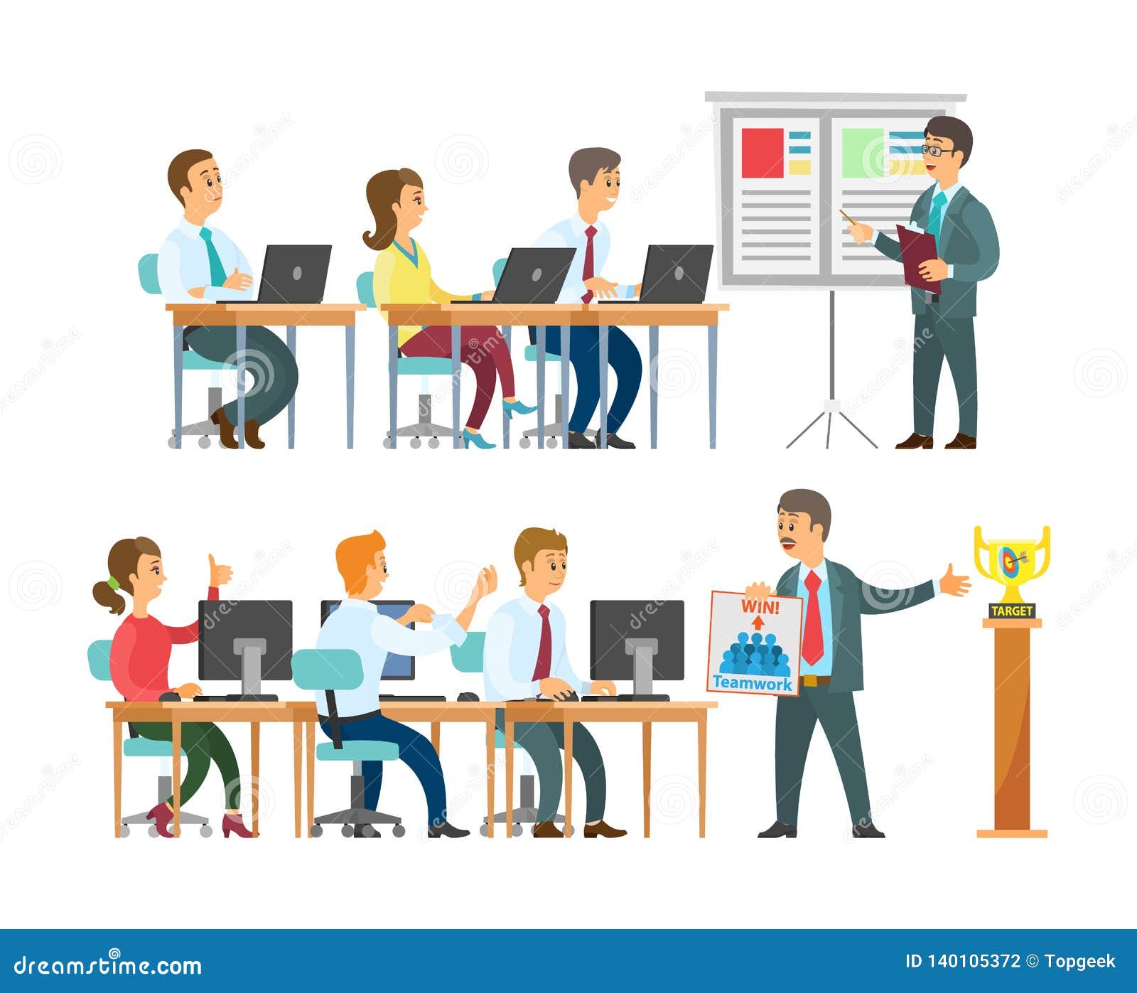 Teamwork and Target, Boss and Employees at Meeting Stock Vector ...