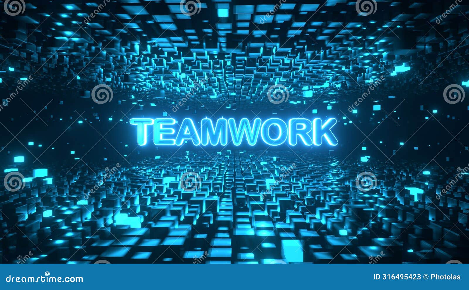 TEAMWORK Text Inside Rotating Cube Platforms in Cyberspace. High-tech ...