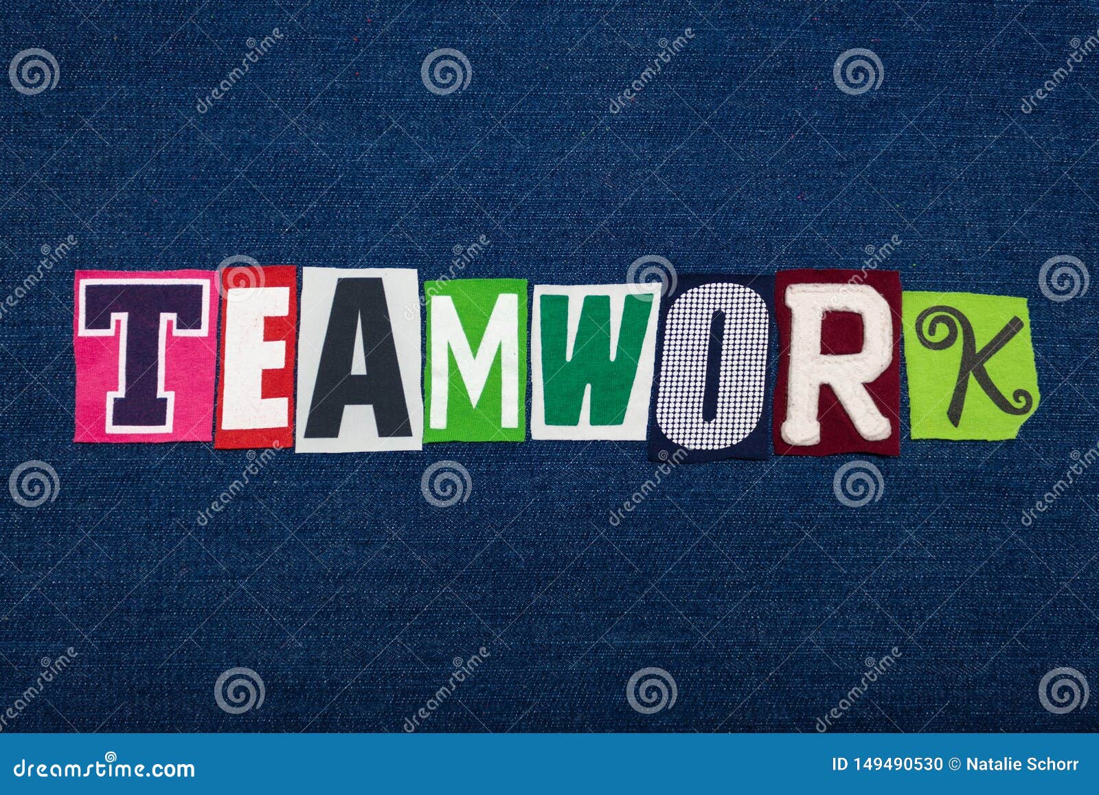 TEAMWORK Text Word Collage, Multi Colored Fabric on Blue Denim, Team ...