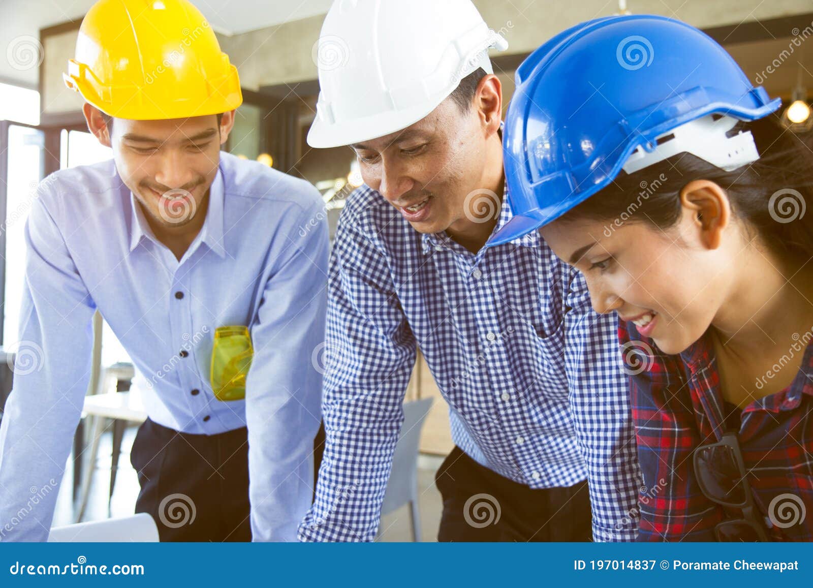 Teamwork Togetherness Unity ,Engineers in Helmets Planning New Project ...