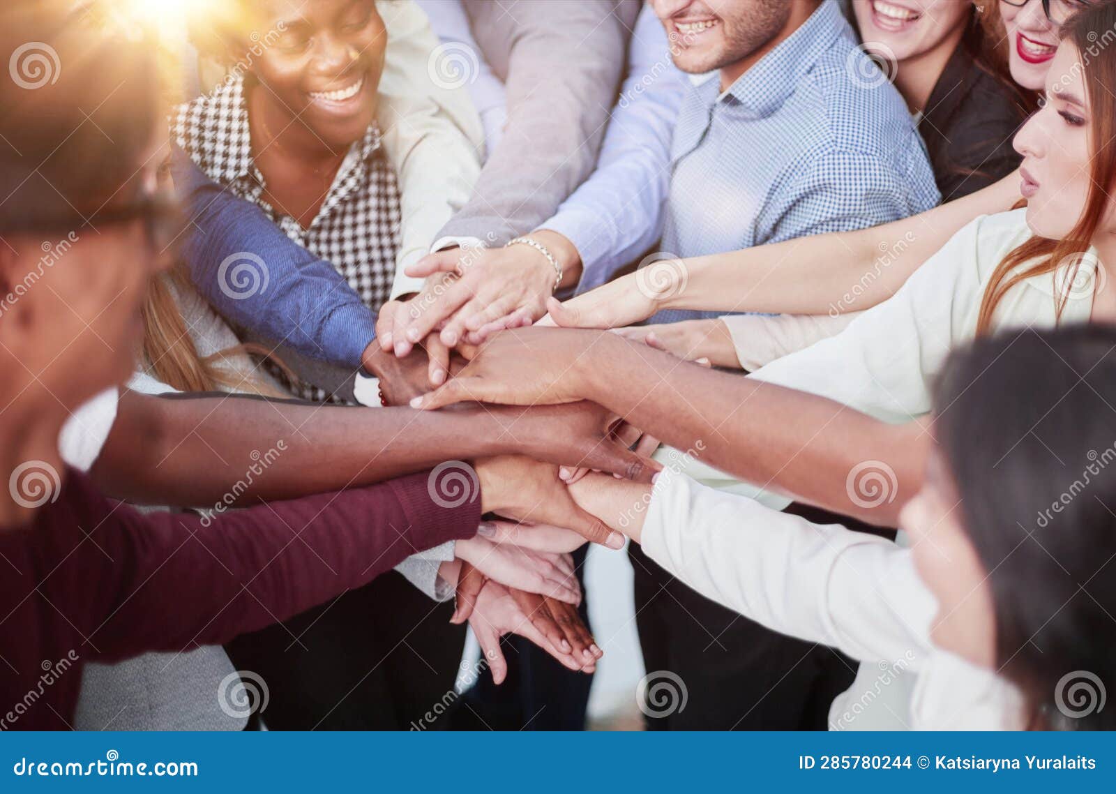 Multiethnic College Students Fold Their Hands in Place Stock Photo ...