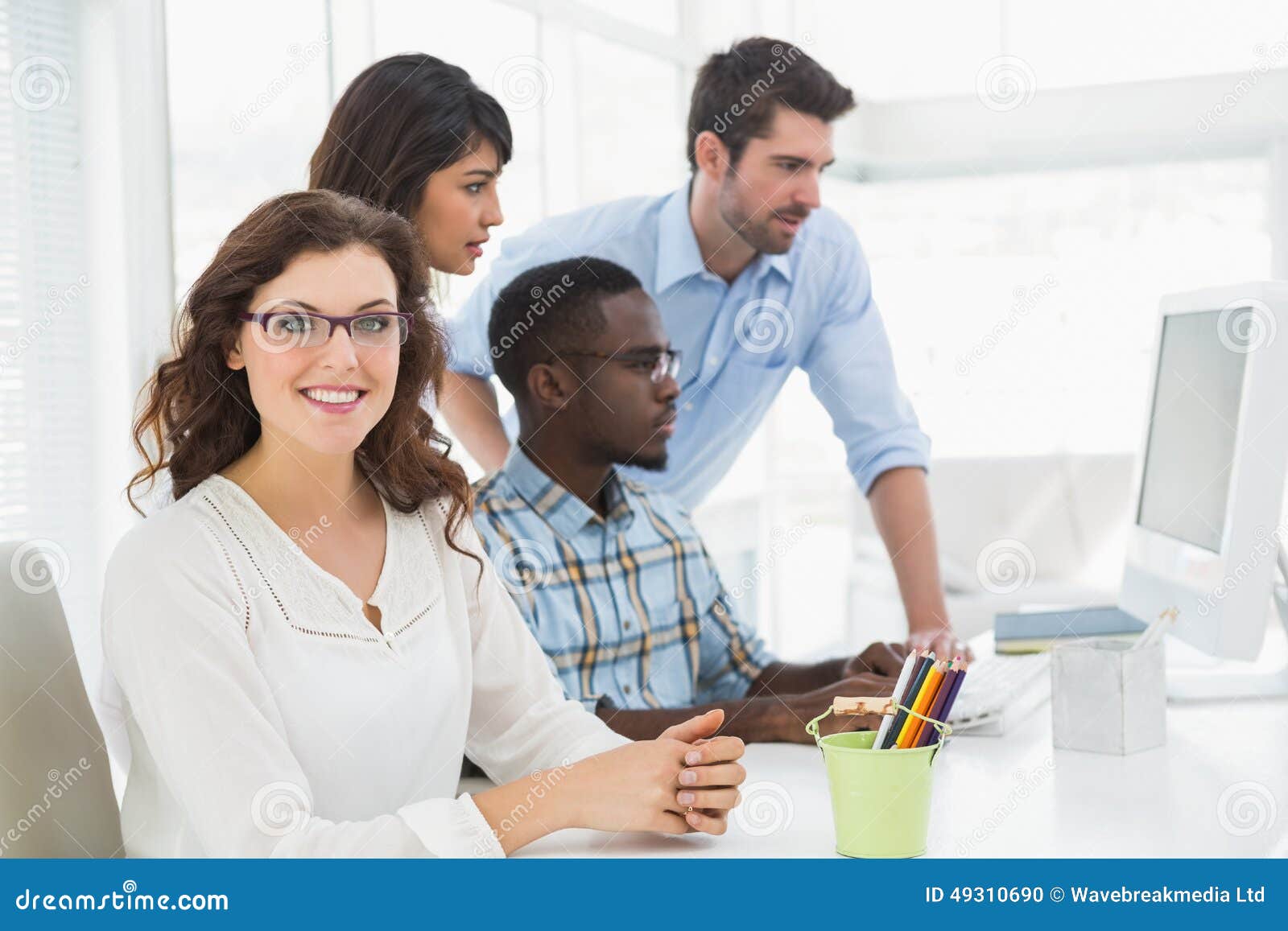 Teamwork Using Computer Monitor Together Stock Photo - Image of male ...