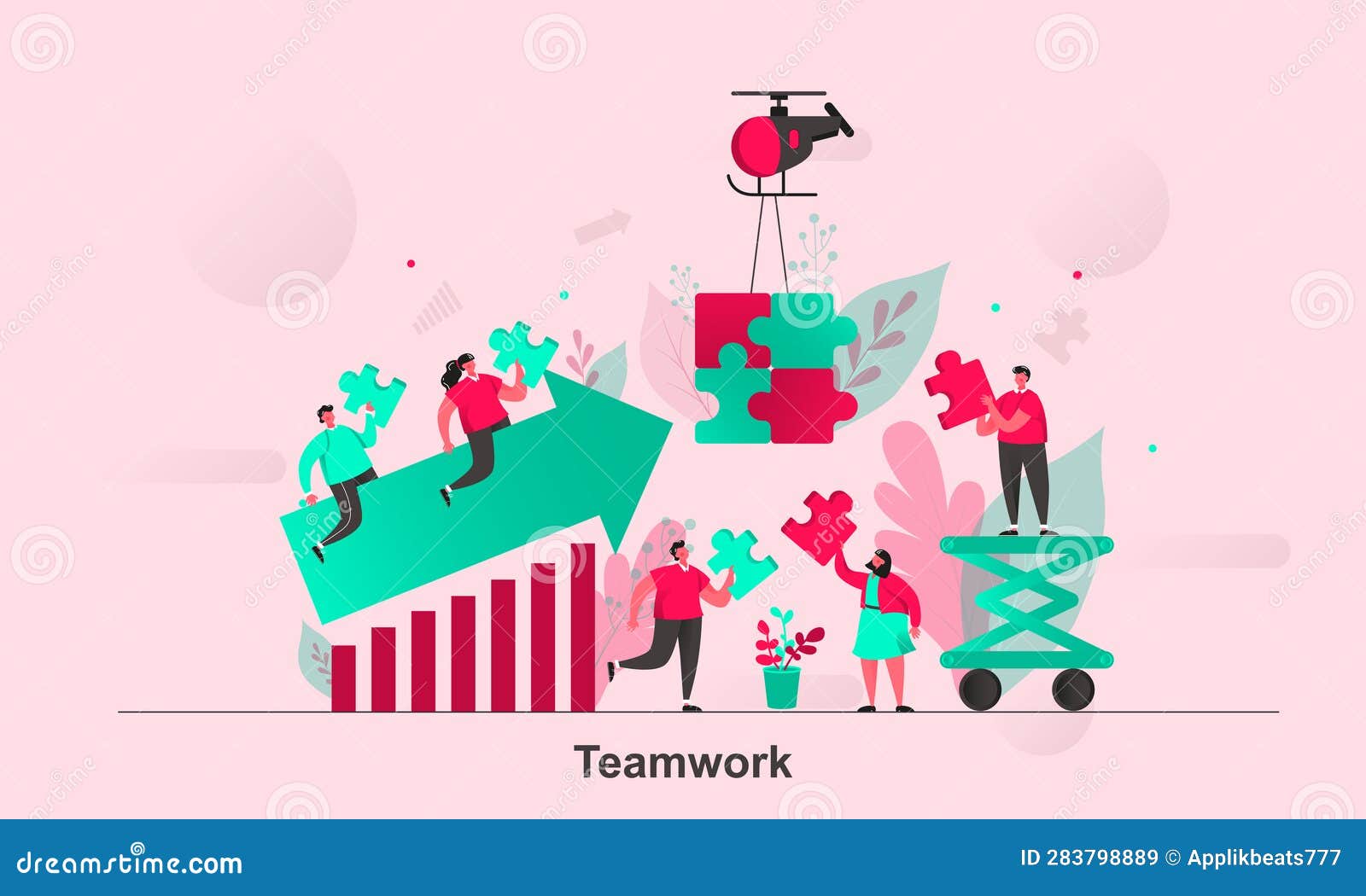 Teamwork Web Concept Design in Flat Style. Team Members Holding Puzzle ...