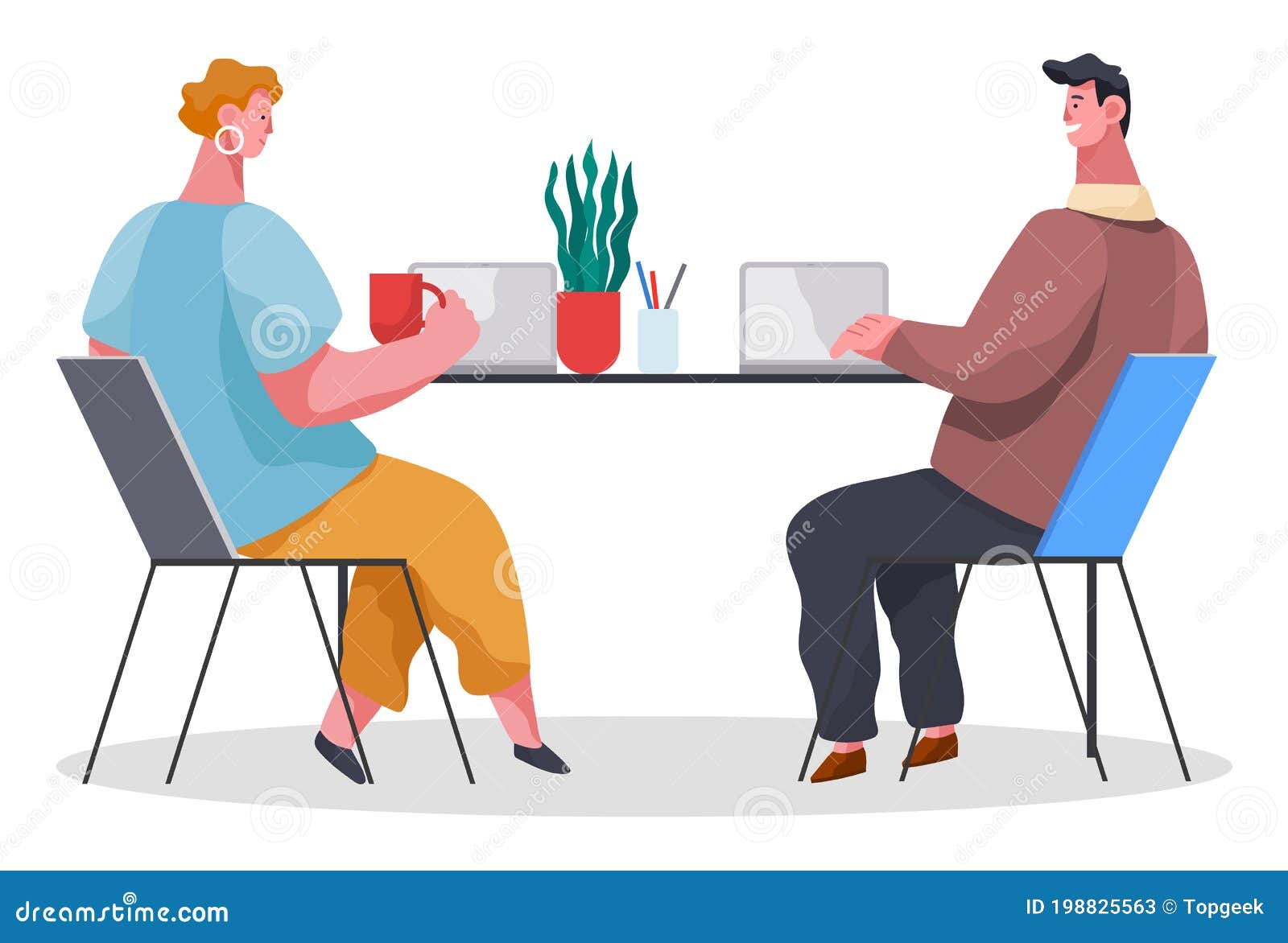 Teamwork, Workers at Coffee Break, Woman with Cup, Man with Laptop ...