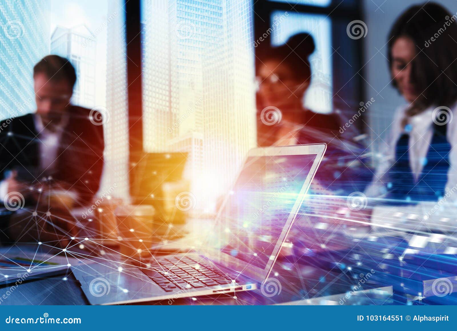 Teamwork Works with a Laptop. Concept of Internet Sharing and ...