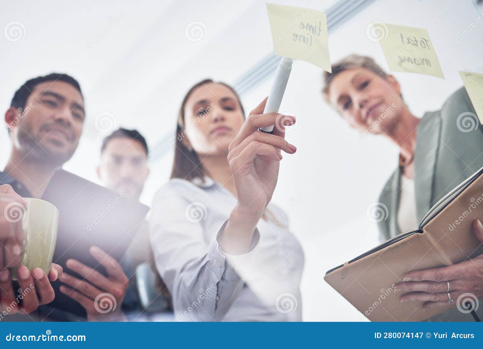 Teamwork, Writing and Business People on Glass Board for Planning ...