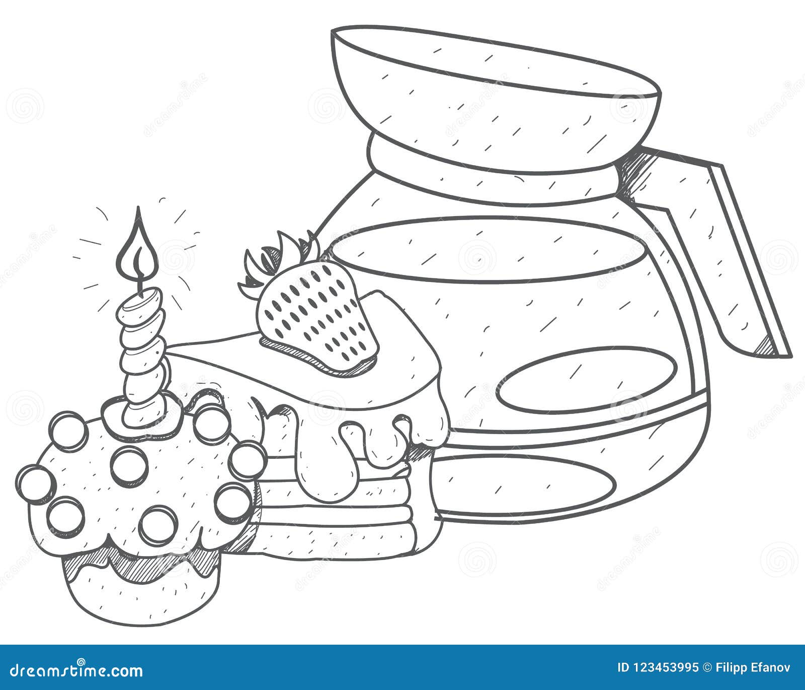 Teapot Brewing Coffee and Cakes Outline Drawing Stock Illustration ...
