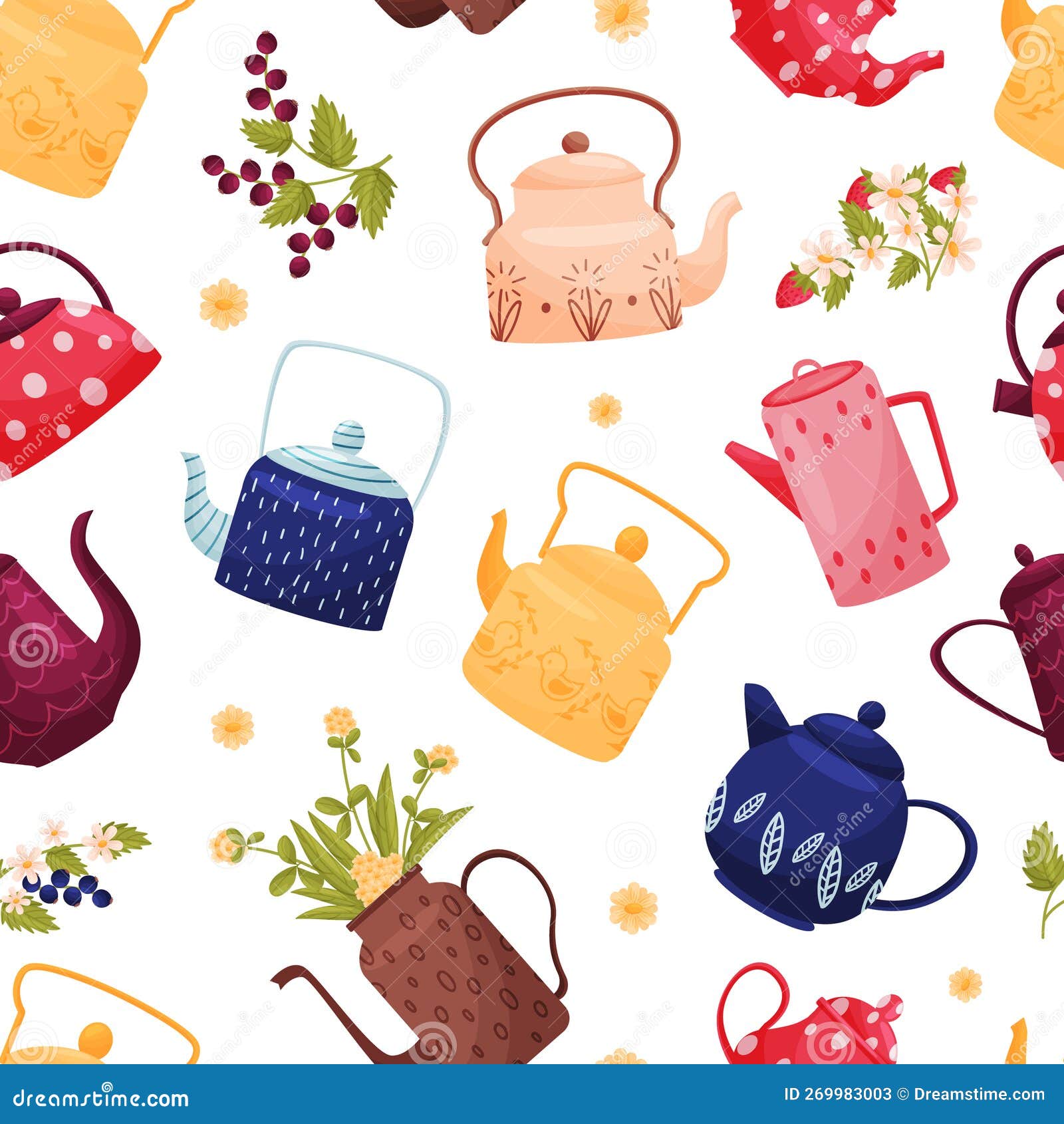 Teapot and Ceramic Tea Kettle Seamless Pattern Vector Template Stock ...