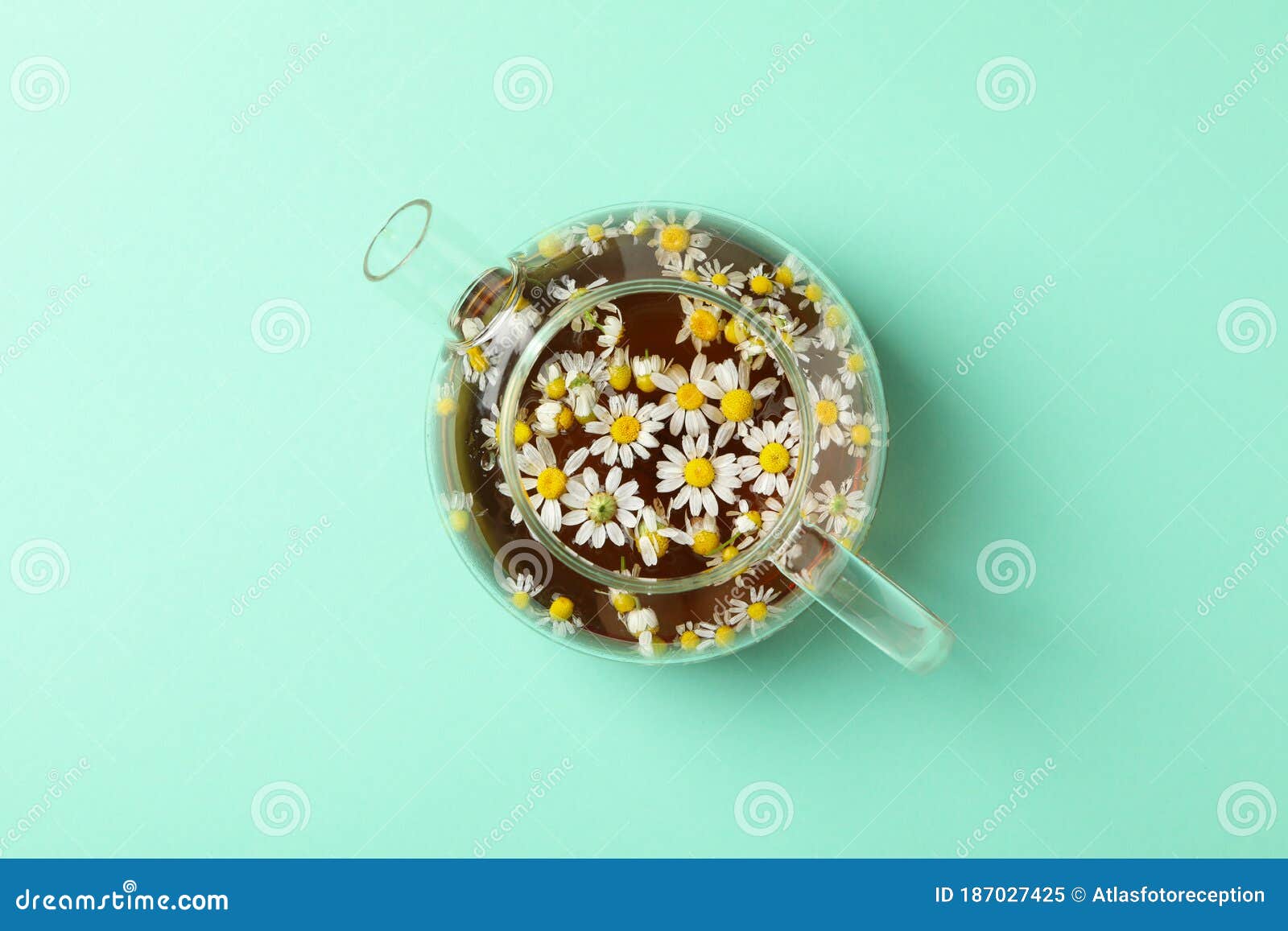 Teapot Chamomile Tea on Mint Background, Top View Stock Image - Image ...