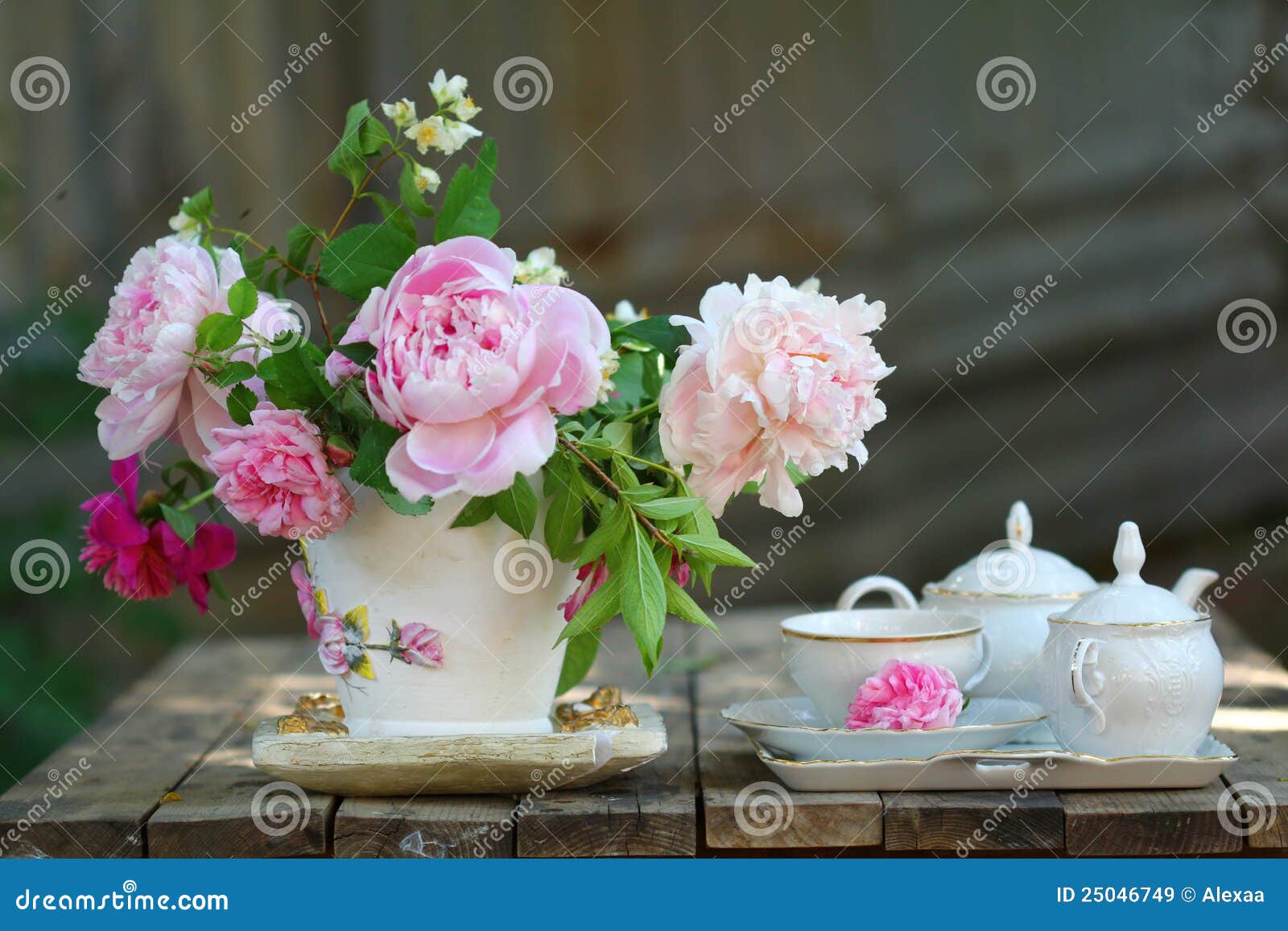 Teapot, Cup and Beautiful Spring Bouquet Stock Image - Image of ...