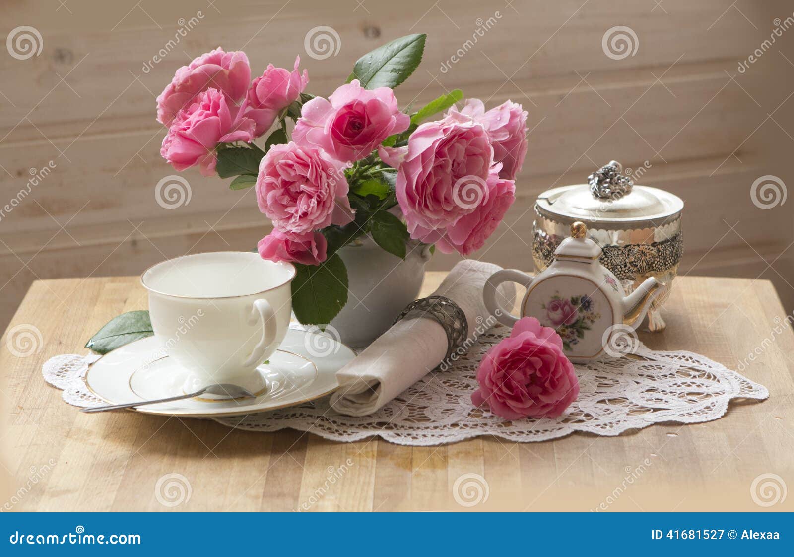 Teapot, Cup and Beautiful Spring Bouquet Stock Image - Image of luxury ...
