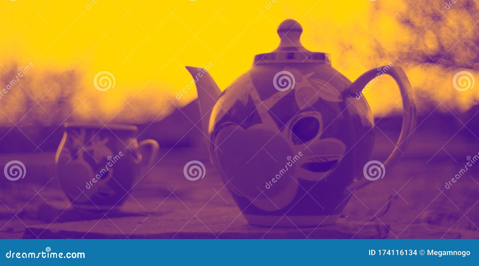 Teapot and Cup of Tea in the Garden at Sunset Stock Photo - Image of ...