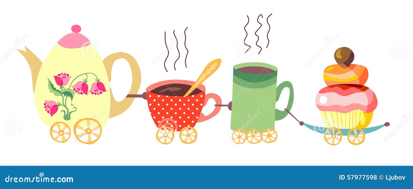 Teapot and cups train. stock vector. Illustration of dessert - 57977598