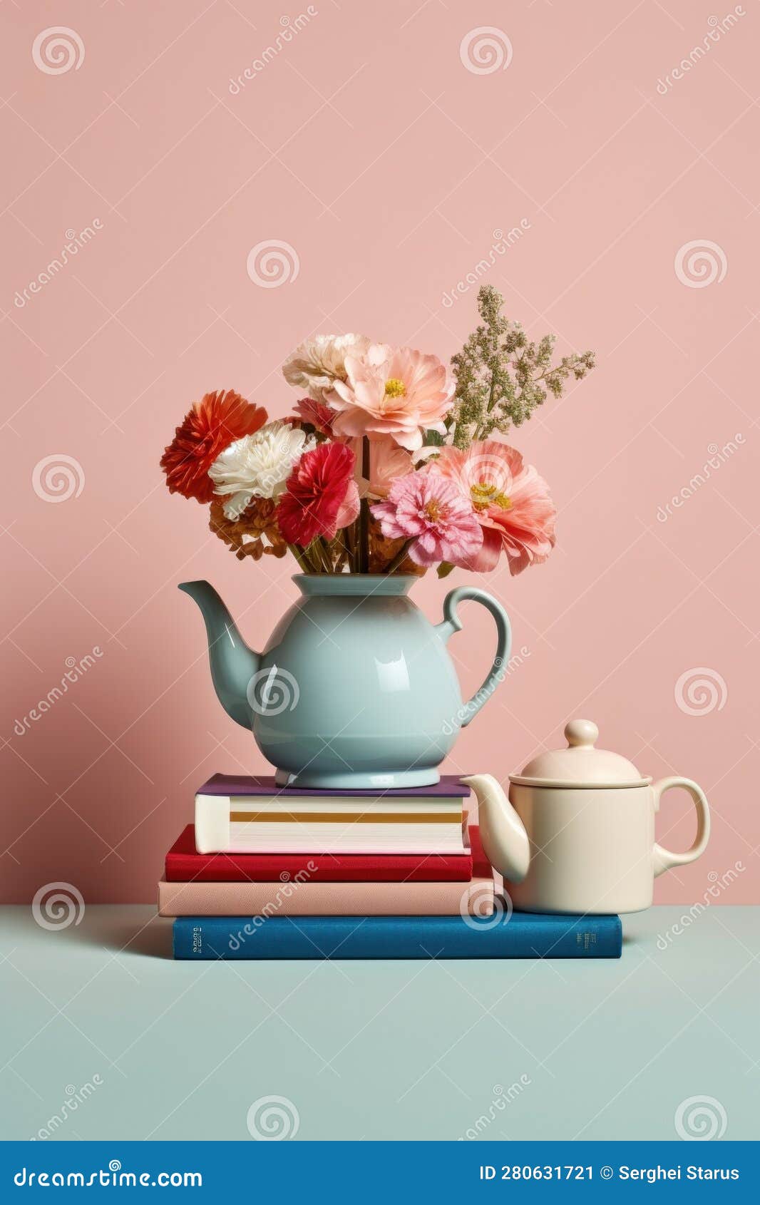 A Teapot with Flowers on Top of a Stack of Books. Generative AI Image ...